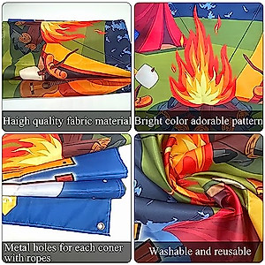 LLMSIX Camping Background, 5×3FT Happy Camper Banner Cartoon Forest Animal Campfire Background Camping Photo Backdrop Camping Themed Party Decoration Children Birthday Party Photo Props