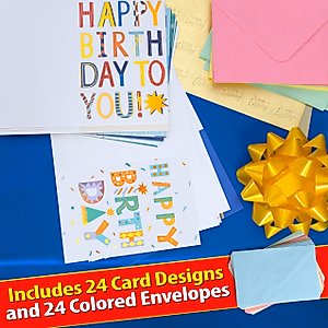 Solpla 24 Pack Assorted Birthday Cards with Gold Foil, Messages, Envelopes, and Stickers | 4x6 Inch Happy Birthday Cards Bulk for Family, Kids, Friends, Work, and Office Celebrations.