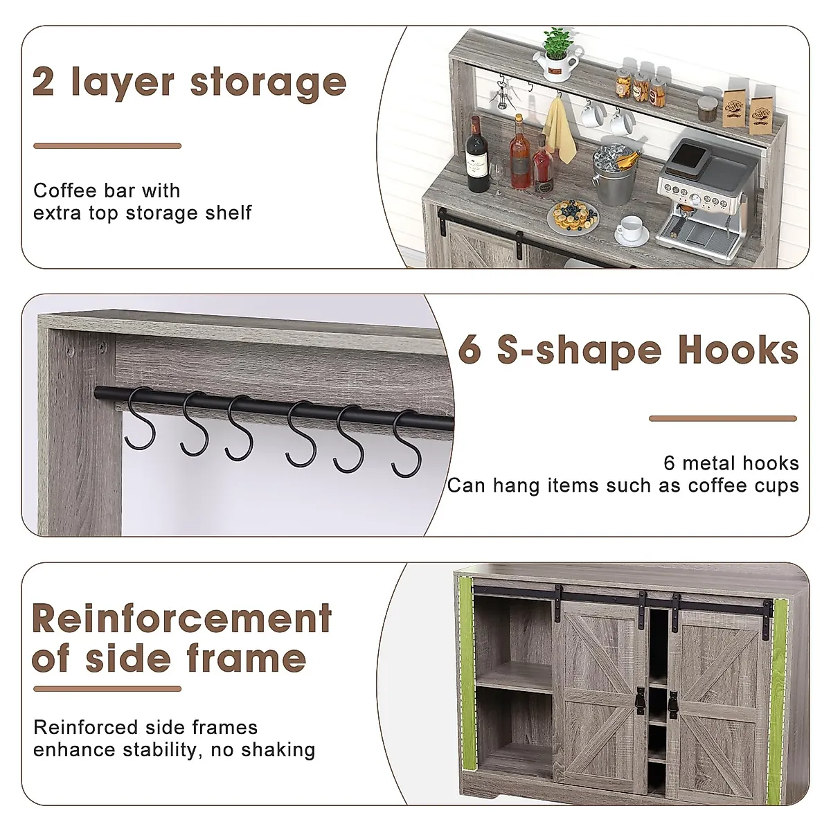 SYESWAY Coffee Bar Cabinet, 47" Farmhouse Sideboard Buffet Cabinet with Sliding Barn Door, Wine Rack & 6 Hooks, Wine Bar Cabinet for Home Dining Living Room, Grey