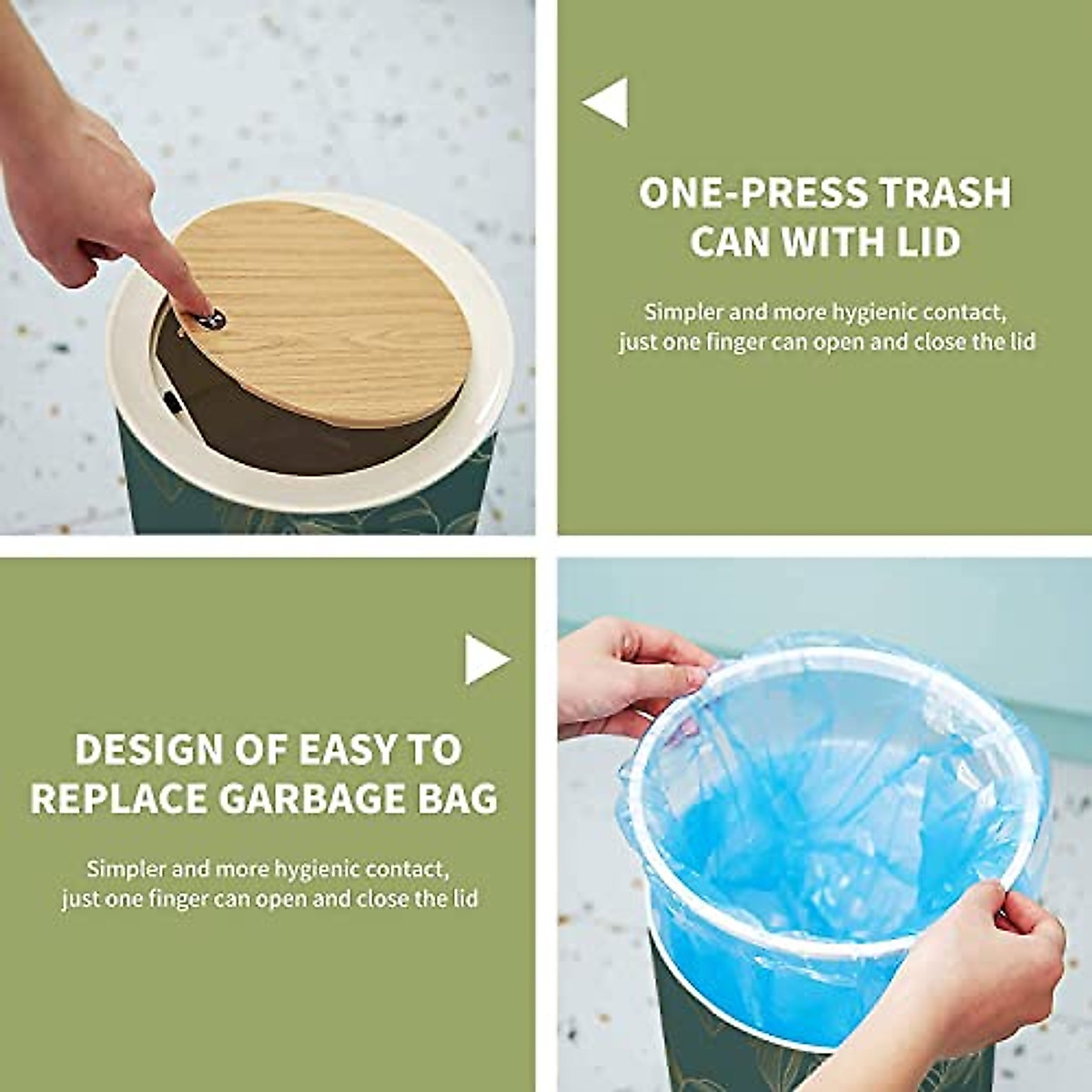 Small Trash Can with Lid Luxury gold and nature green Floral Golden split leaf Philodendron Garbage Bin Wood Waste Bin Press Cover Round Wastebasket for Bathroom Bedroom Kitchen 7L/1.8 Gallon