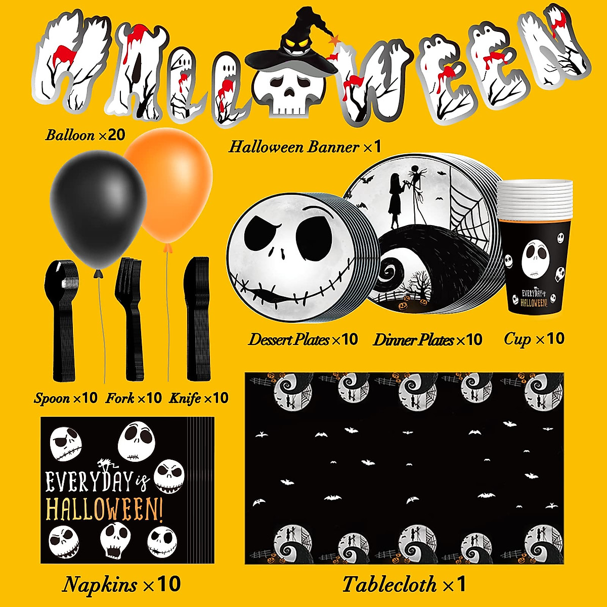 120Pcs Nightmare Birthday Christmas Party Supplies Set Before Christmas Party Holiday Decorations Tableware Set with Dinner Plates,Cake Plates, Napkins, Tablecloth,Serves 10