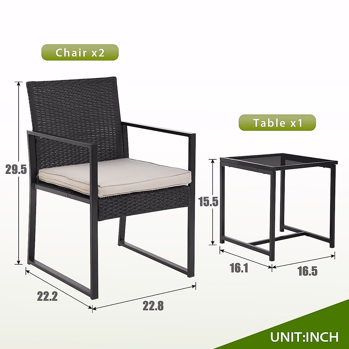 PayLessHere 3-Piece Rattan Wicker Bistro Set Outdoor Conversation Set Sturdy Frame Wicker Furniture with 2 Chairs Cushions Tempered Glass Table for Poolside Balcony Patio Bar Garden (Khaki)