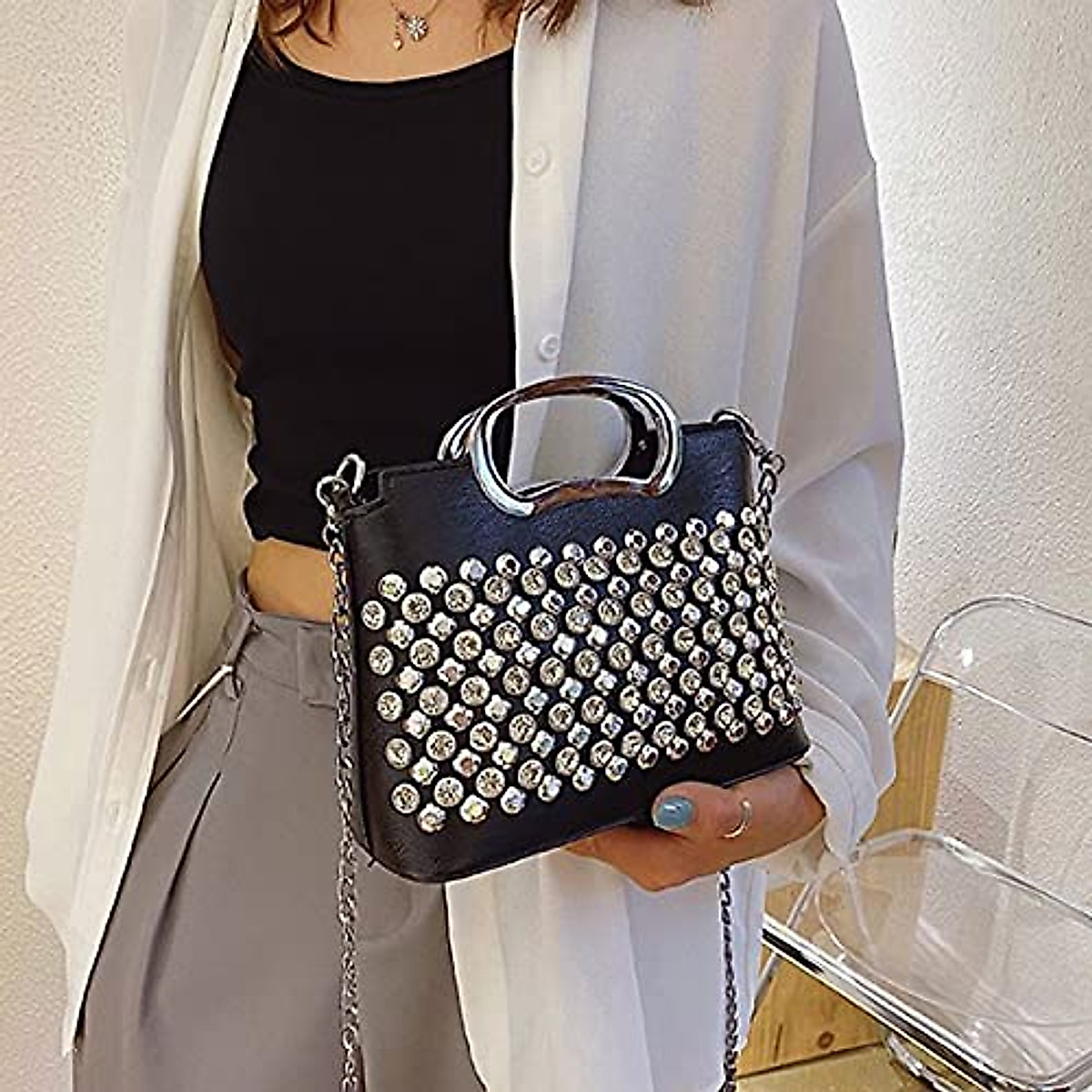 Heidi Women's Small Studs Rivet Crossbody Handbag Fashion Shell Shape Shoulder Messenger Bag (Black(style2))