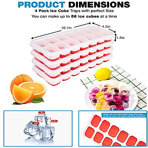 4 Pack Ice Cube Trays, Ice Tray Durable & Flexible, Ice Trays for Freezer, Silicone Ice Cube Tray, 14 Ice Cube Trays for Freezer With Lid, Super Easy Release Stackable BPA Free for Drinks & Cocktail