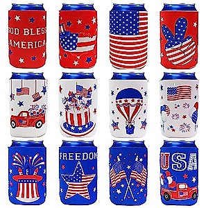 Tifeson 4th of July Decorations Outdoor, Patriotic Party Favors Supplies July 4th Decorations for Outside - 12 PACK USA Patriotic Koozies Insulated Covers Beer Can Cooler Sleeves for Independence Day