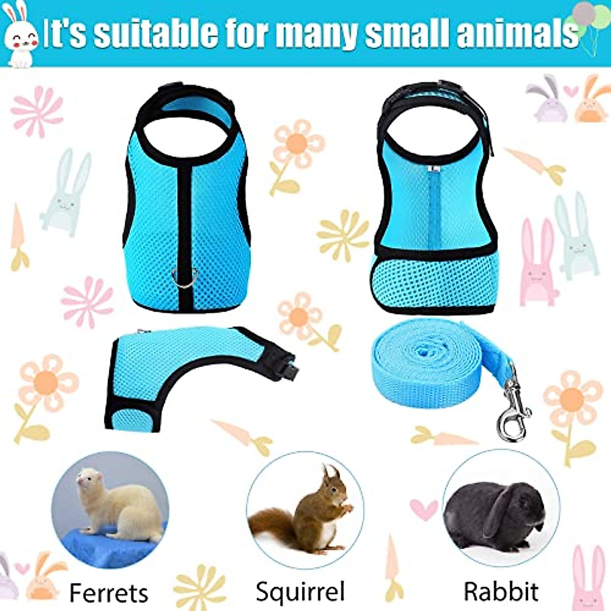 2 Pieces Bunny Rabbit Harness with Leash Cute Adjustable Buckle Breathable Mesh Vest for Kitten Puppy Small Pets Walking (Blue, Pink,M)