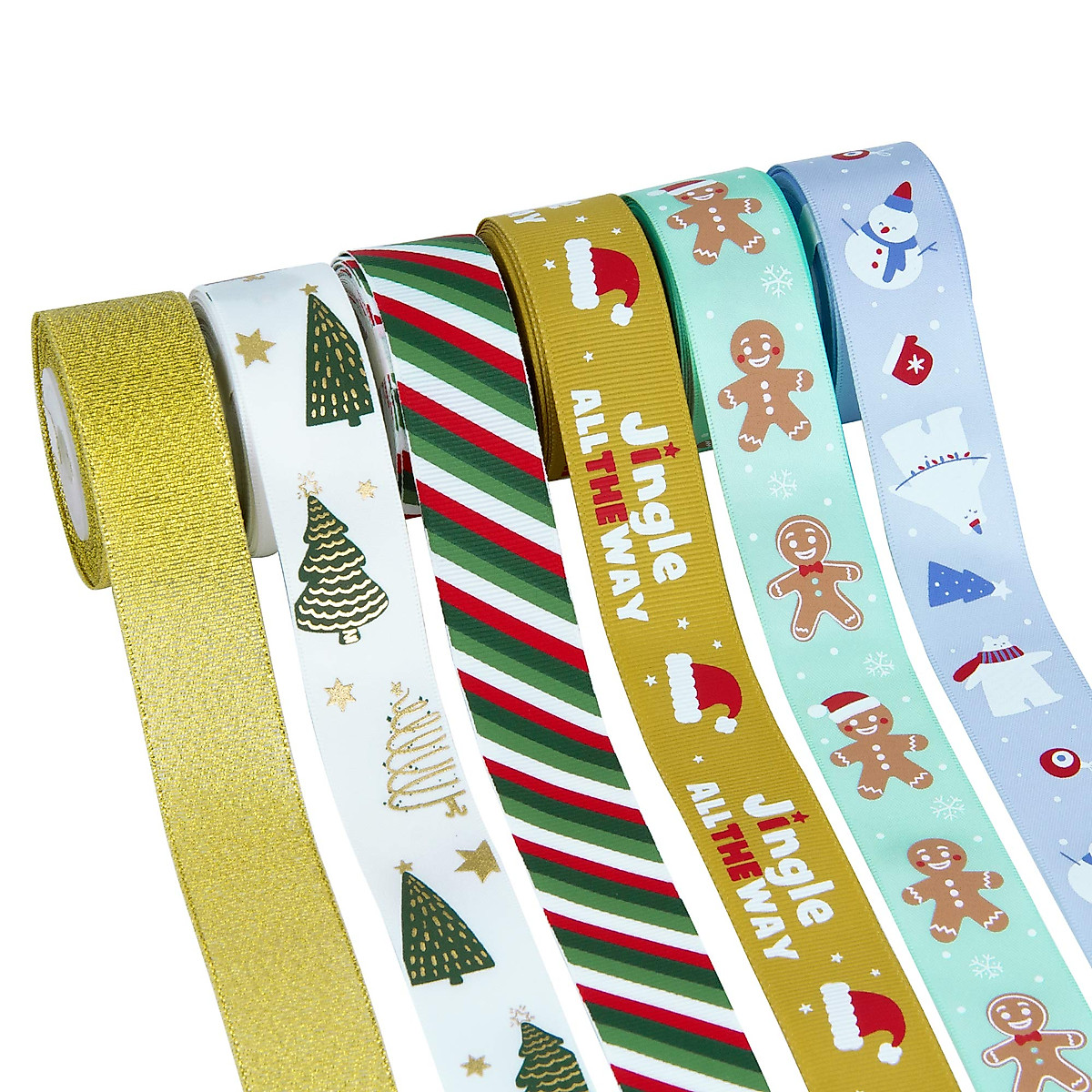 VATIN 100 Yards 1" Christmas Ribbon Printed Grosgrain Organza Satin Ribbons Metallic Glitter Fabric Ribbons 18 Rolls for Xmas Gift Package Wrapping,Winter Season Festival DIY Crafts Decor-Clearance