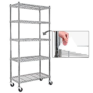 EFINE Chrome 5-Shelf Shelving Units and Storage on 3'' Wheels with 5 Shelf Liners, Adjustable Heavy Duty Steel Wire Shelving Unit for Garage, Kitchen, Office (30W x 14D x 63.7H) Pole Diameter 1 Inch