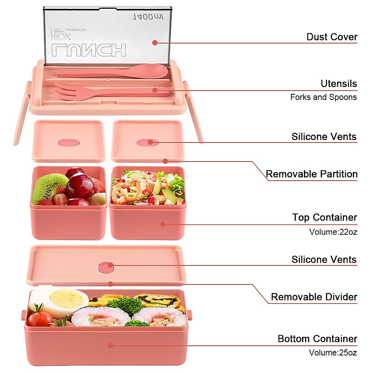 NatraProw Bento Box Adult Lunch Box, All-in-One Lunch Containers with Removable Compartments, 2 Layers Stackable Bento Lunch Box Leak Proof, Microwave Safe