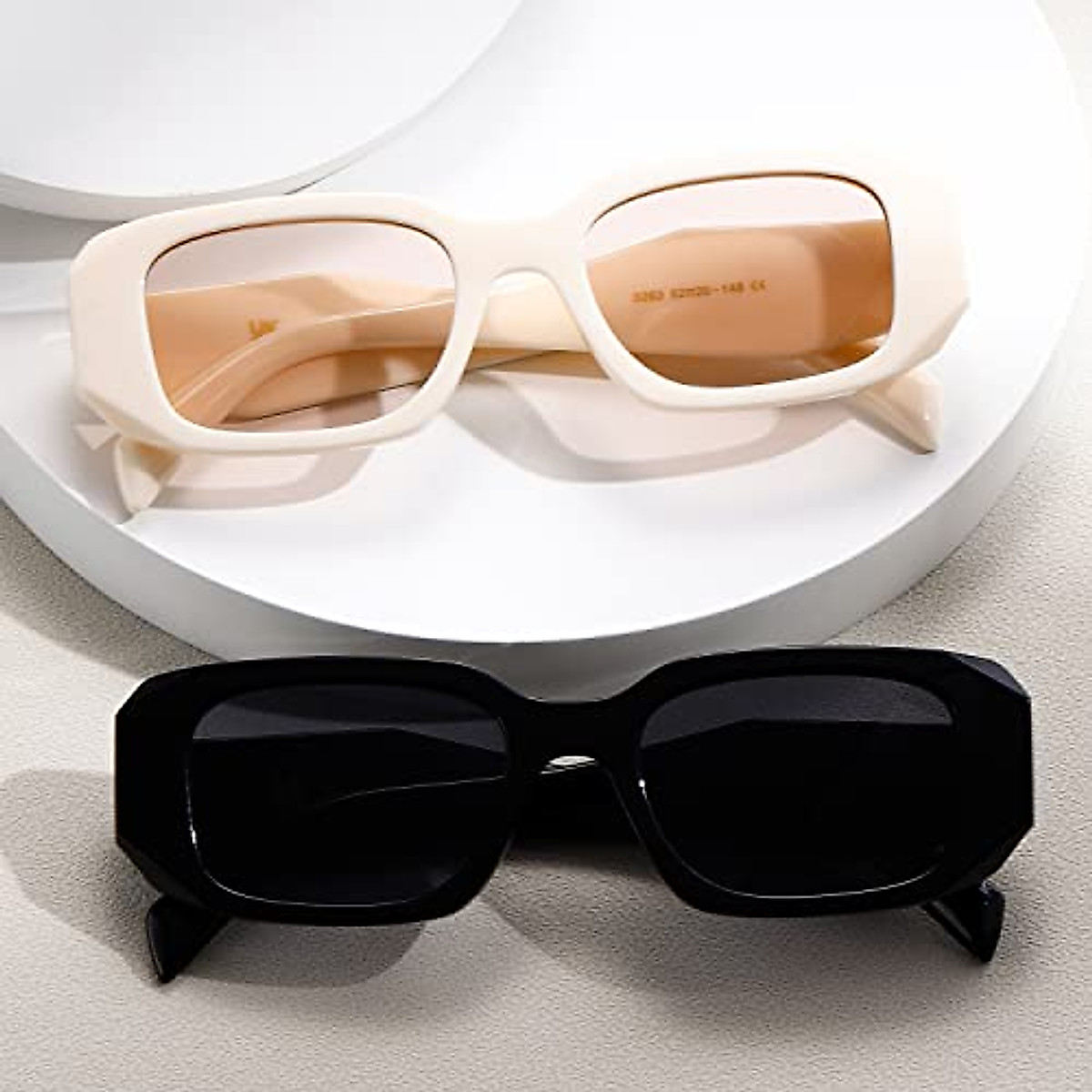 kimorn Rectangle Sunglasses for Women Men Trendy Retro Trendy Sun Glasses 90’s Vintage Square Frame K1307 (Black+Off-white Frame Grey Lens)