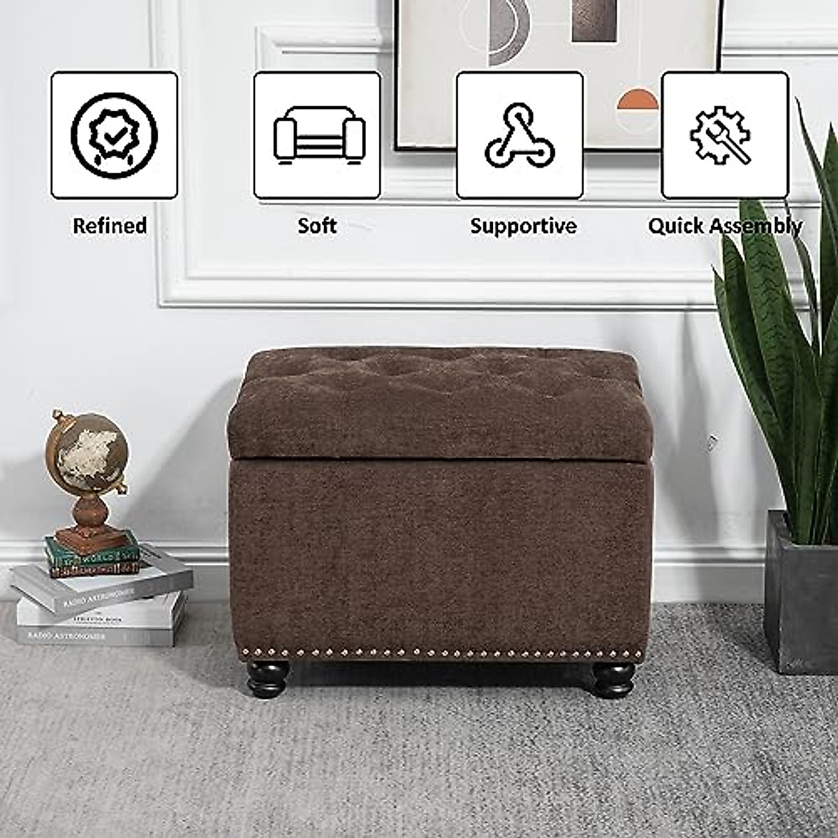 J.C.UP Upholstered Tufted Storage Ottoman, Storage Ottoman Footstool with Safety Hinge Button-Tufted Seat, Storage Bench for Bedroom Living Room Storage Toy Box(Brown-Fabric)