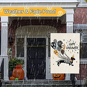 Happy Halloween Skeleton Dachshund Dog Garden Flag Double-Sided Skeleton Dachshund Dog with Skull Spooky Face Balloons Yard Flag for Halloween Holidays Outdoor Yard Decorations 12x18 inch (halloween Skeleton dachshund dog)