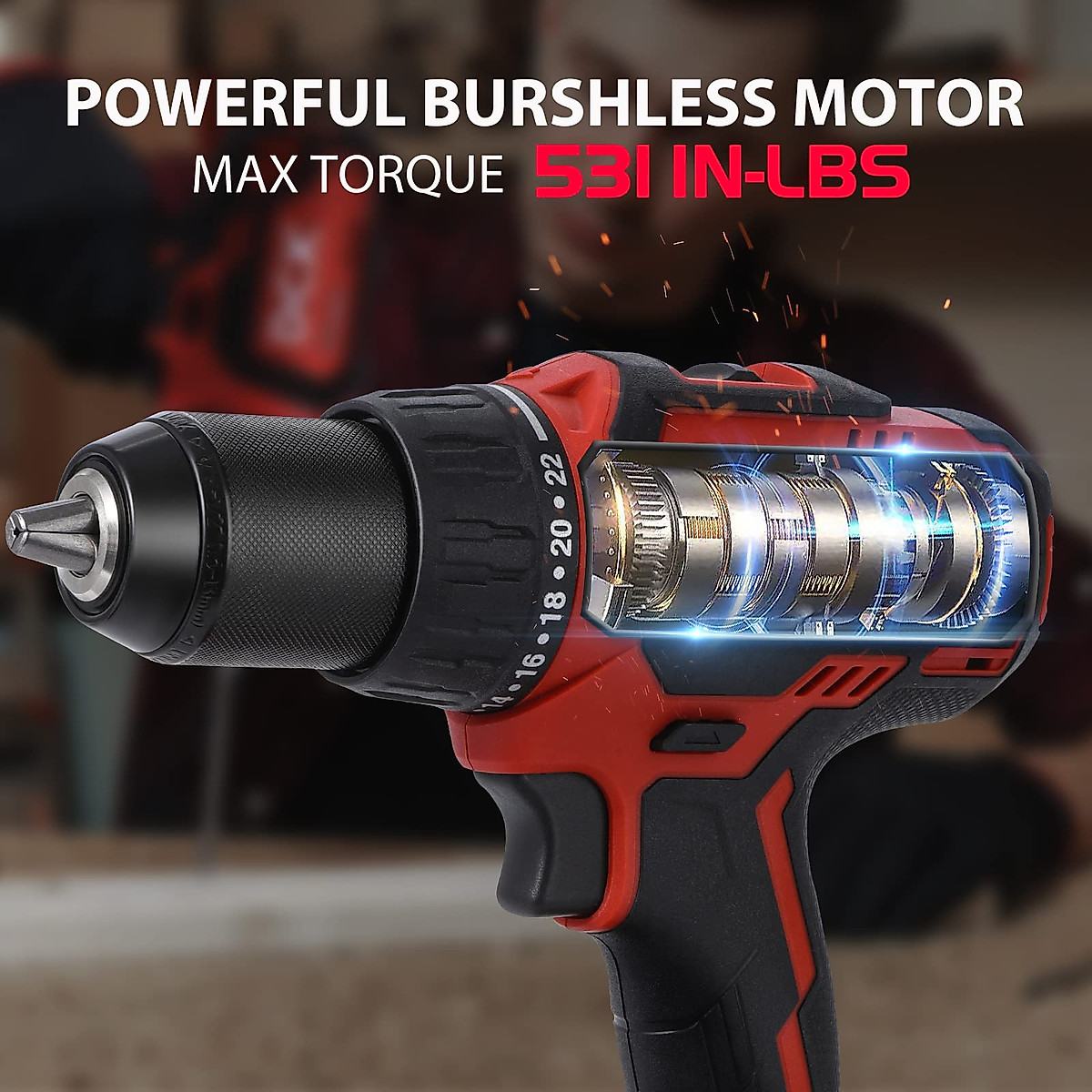 DCK Brushless Cordless Drill Set, 20V Max Electric Drill with 4.0Ah Battery 531in.lbs, 1/2Inch Keyless All-Metal Chuck, 2 Variable Speeds, Power Drill Kit for Screw Wood/Ceramic/Tile/Steel KDJZ04-13