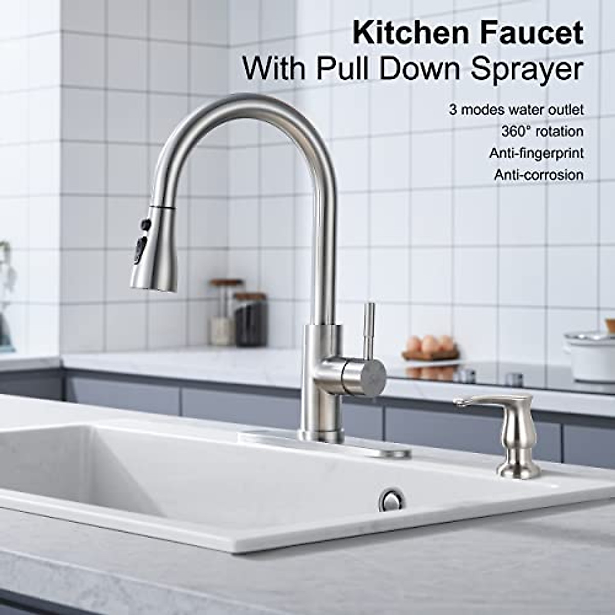 Brushed Nickel Pull Down Kitchen Faucet with Soap Dispenser - High Arc 3-Function Pull Out Kitchen Faucet, Stainless Steel Kitchen Sink Faucet with Pull Down Sprayer Single Hole Single Handle