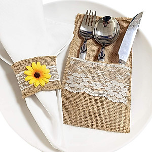 Wedding Cutlery Holders Pouch, Easter Decorations Natural Burlap Lace Utensil Napkin Holders Bag for Vintage Wedding, Party dinner, Thanksgiving banquet, Tableware Decorations (Lace, 12 Pack)