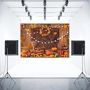 Aperturee 7x5ft Fall Thanksgiving Backdrop Rustic Barn Wood Door Harvest Autumn Pumpkins Maple Rural Door Wreath Decor Photography Background Kids Baby Portrait Party Decor Photoshoot Studio Props