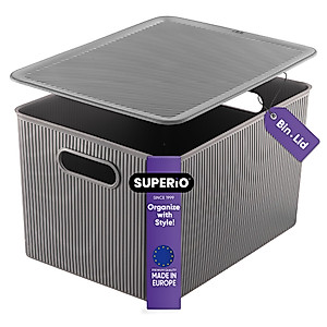 Superio Ribbed Collection - Decorative Plastic Lidded Home Storage Bins Organizer Baskets, X-Large Grey (1 Pack - 22 Liter) Stackable Container Box, for Organizing Closet Shelves Drawer Shelf