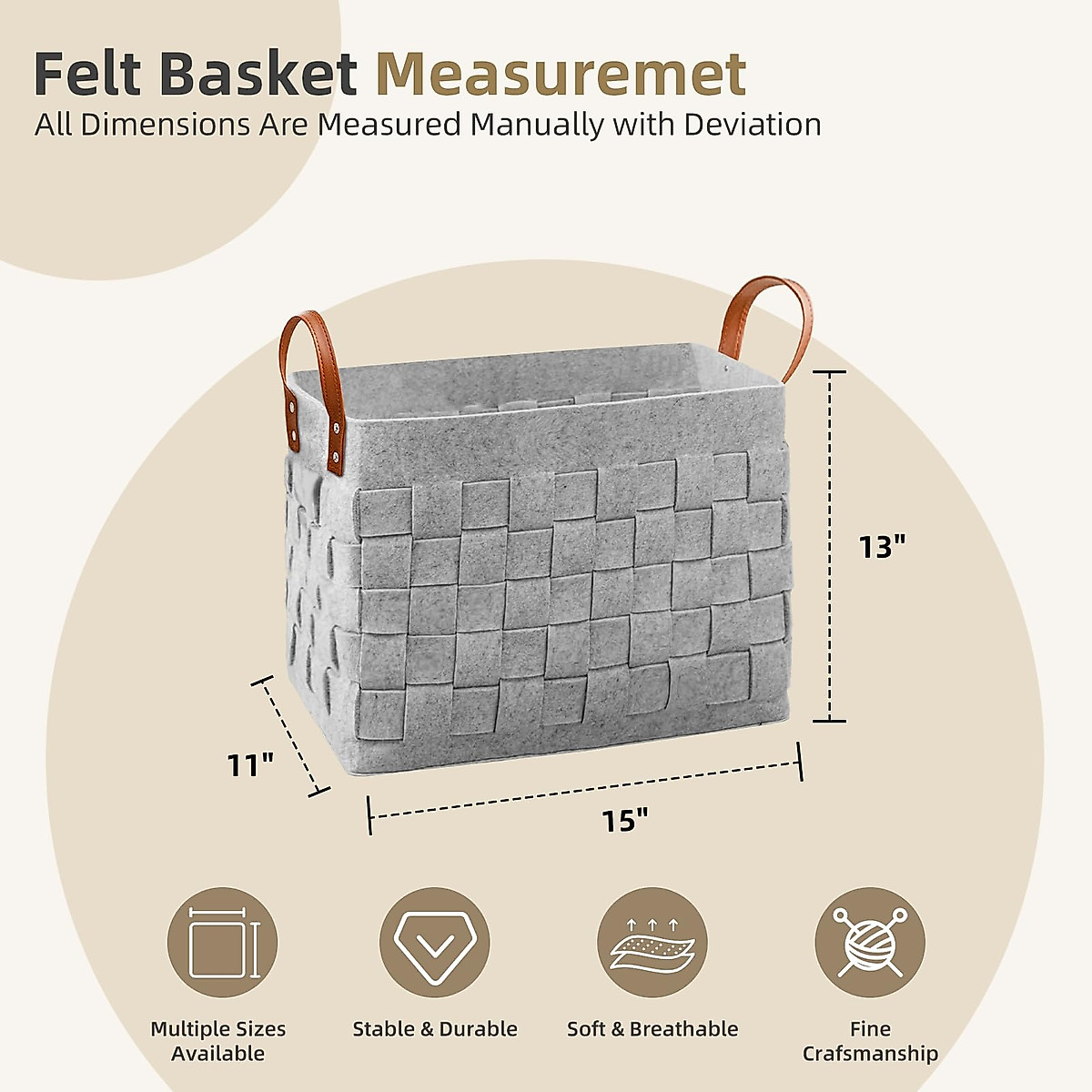 BOLDMONEKY Blankets Basket 15" x13 " x11 " 2 Pack, Large Storage Baskets for Organizing Rectangular, Living Room Dog Toy Bin for Dirty Clothes, Pillows, Towel-Light Gray