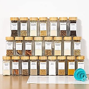Weselljars 24 Pcs Spice Jars with Label, Thickened Glass Seasoning Jars with Bamboo Lids, Airtight Sealing Seasoning Bottles with Silicone Funnel for Easy Refilling, Spice Jars with Shaker Lids (24 Pcs Spice Jars)