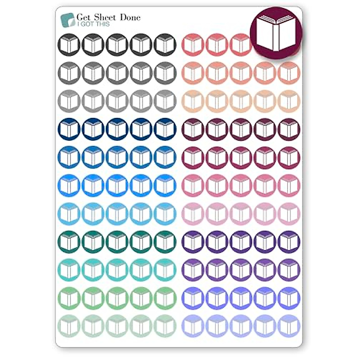 Book Icon Planner Sticker / 110 Dot Icon Vinyl (1/3”) / Club Read Reading Me Time Self Care Homework School Student/Essential Productivity Life/Bullet Bujo Journal (One Sheet, multi)