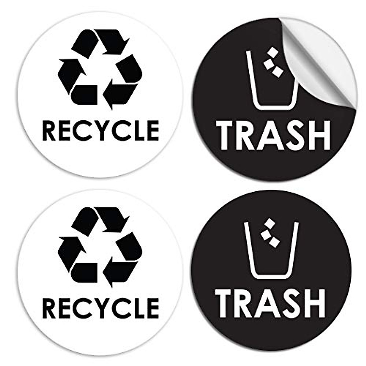 Recycle and Trash Can Sticker - 4"x4" Black & White Round Label 4 Pack Set - Organize Kitchen & Office Disposal Bins (Pixelverse Design)