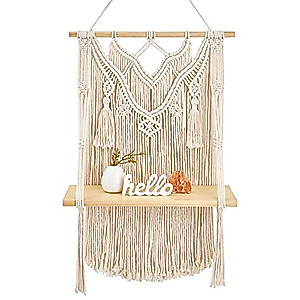 Mkono Macrame Wall Hanging Shelf Boho Decor Wood Floating Shelf for Bedroom Living Room Nursery Bathroom, Handmade Woven Rope Storage Rack for Photo Frames Plant Display