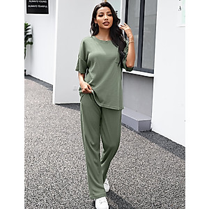 JiniGolla Womens Pajama Sets Waffle Short Sleeve Pj Set Sleepwear Two Piece Loungewear Lounge Sets Green M