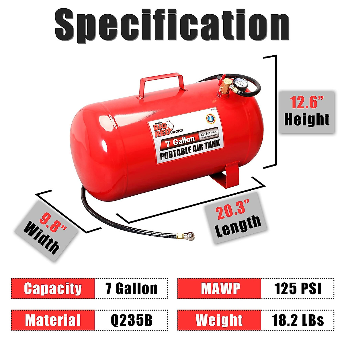 BIG RED T88007-1 Torin Horizontal Portable Air Storage Tank with 36 "Hose and Pressure Gauge, Capacity 7 Gallons, Red