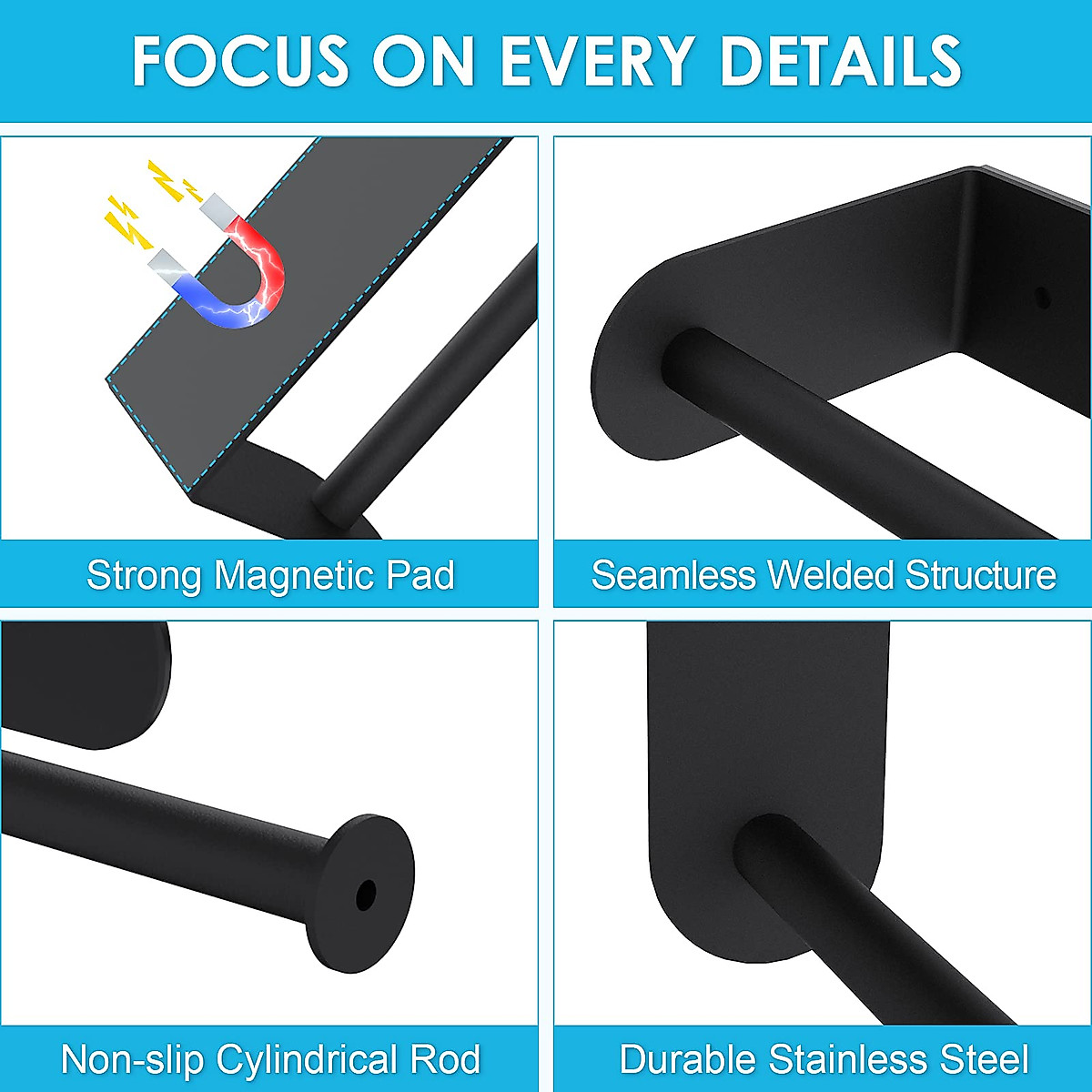 Magnetic Paper Towel Holder - Multifunctional Towel Bars with Magnetic Backing - Sticks to Any Ferrous Surface - Black Paper Towel Rack for Kitchen, Work Benches, Refrigerator, Grill, Fridges, Garage