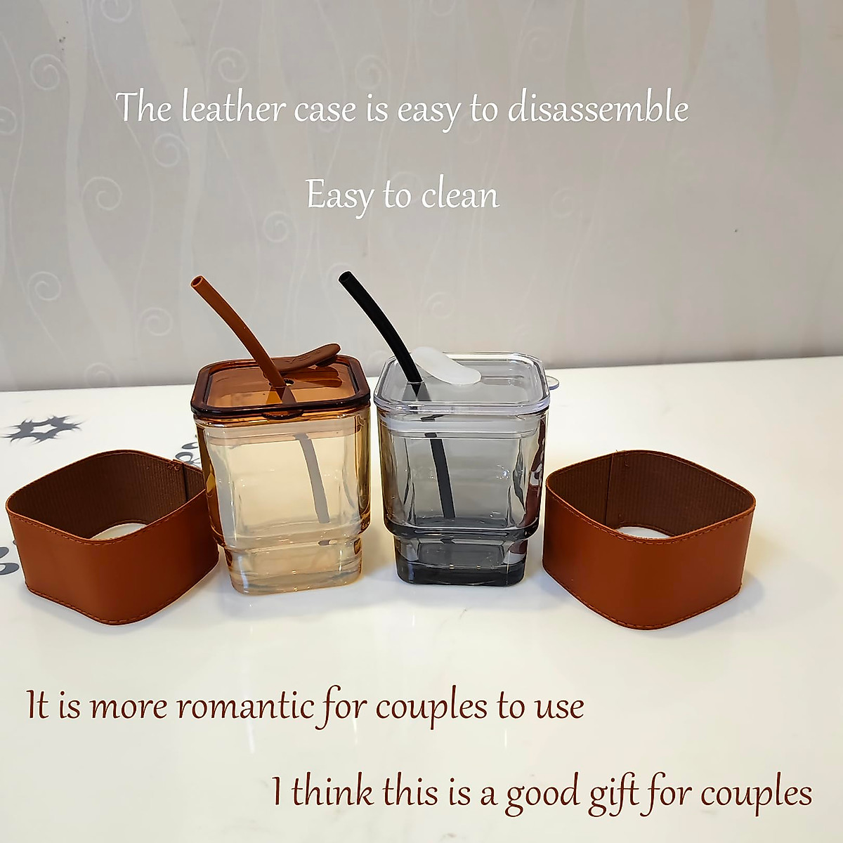 YULUDZSW Thick Wall Insulated Glass Cups With Lids Leather Case And Straws, Coffee Cup, Iced Tea Cup, For Beer, Cocktail, Coffee,Milk, Fruit And Vegetable Drinks, Etc.(Amber/16 oz)