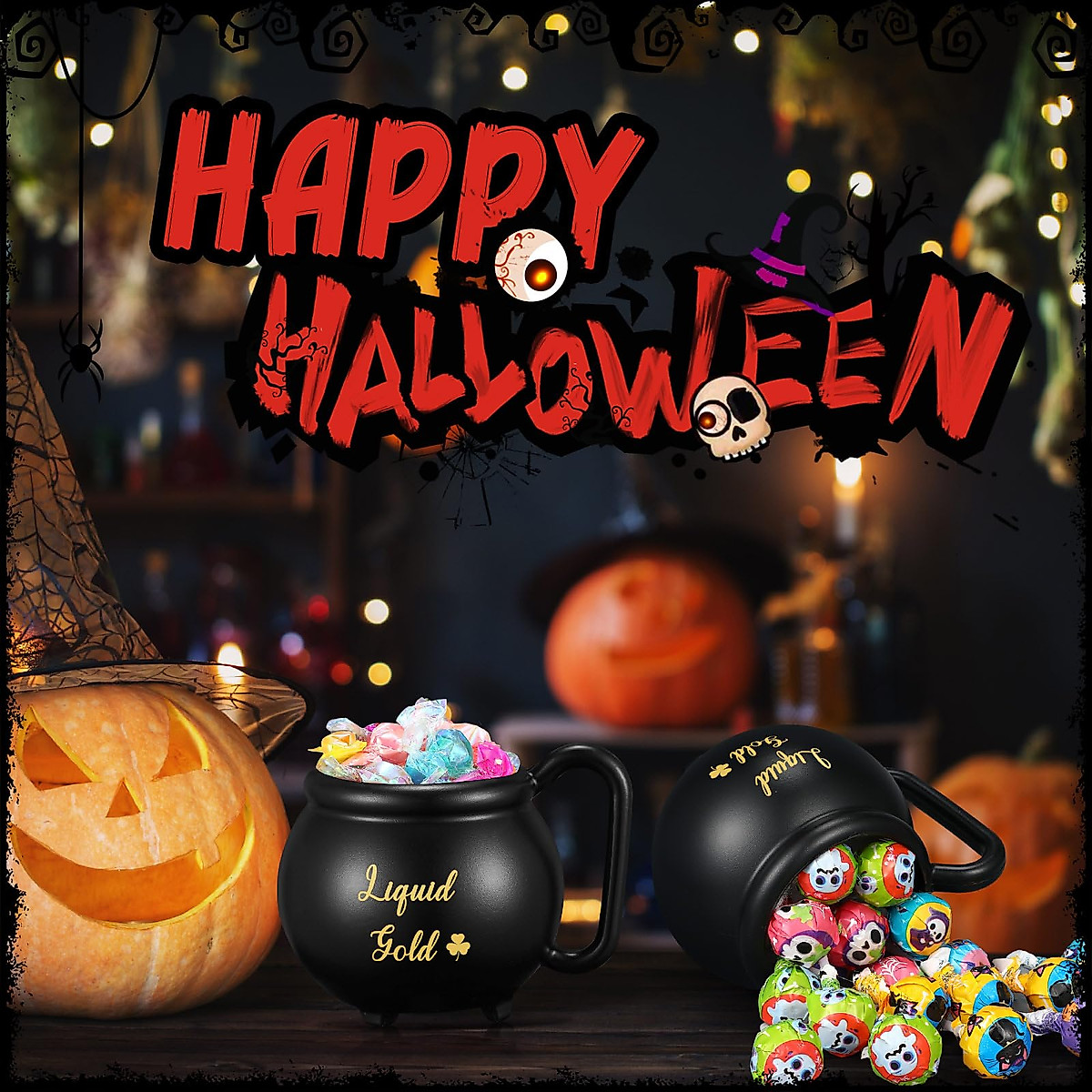 Uiifan 12 Pcs 15 oz Halloween Cauldron Plastic Witches Brew Cauldron Pot Halloween Cauldron Candy Bowl for Halloween Party Decorations (Clover Style)
