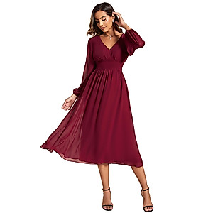 Ever-Pretty Women's Chiffon Long Sleeve Elastic Waist A-Line Knee Length Wedding Guest Dresses Burgundy US16