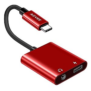 AGVEE 2-in-1 USB-C to 3.5mm Microphone Headphone Adapter, Type-C Mic AUX Earbud Splitter, USBC Audio Earphone Converter, PD 27W Charger Dongle for Samsung S21 S20 Note 20/10, iPad Pro, Pixel, Red