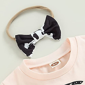 TheFound Summer Toddler Girls Clothes Short Sleeve Bull Print Tops Elastic Waist Short Headband Casual Cute Outfits (Beige, 12-18 Months)