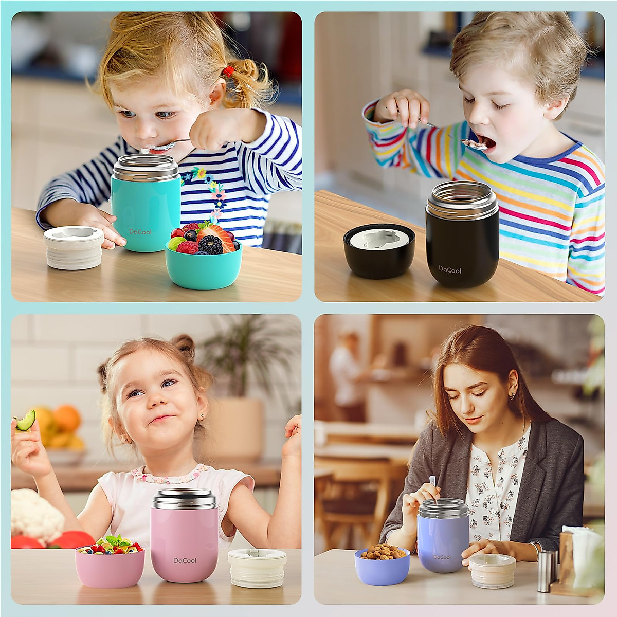 DaCool Insulated Lunch Container Hot Food Jar 16 oz Stainless Steel Vacuum Bento Lunch Box for Kids Adult with Spoon Leak Proof Hot Cold Food for School Office Picnic Travel Outdoors - Cyan Blue