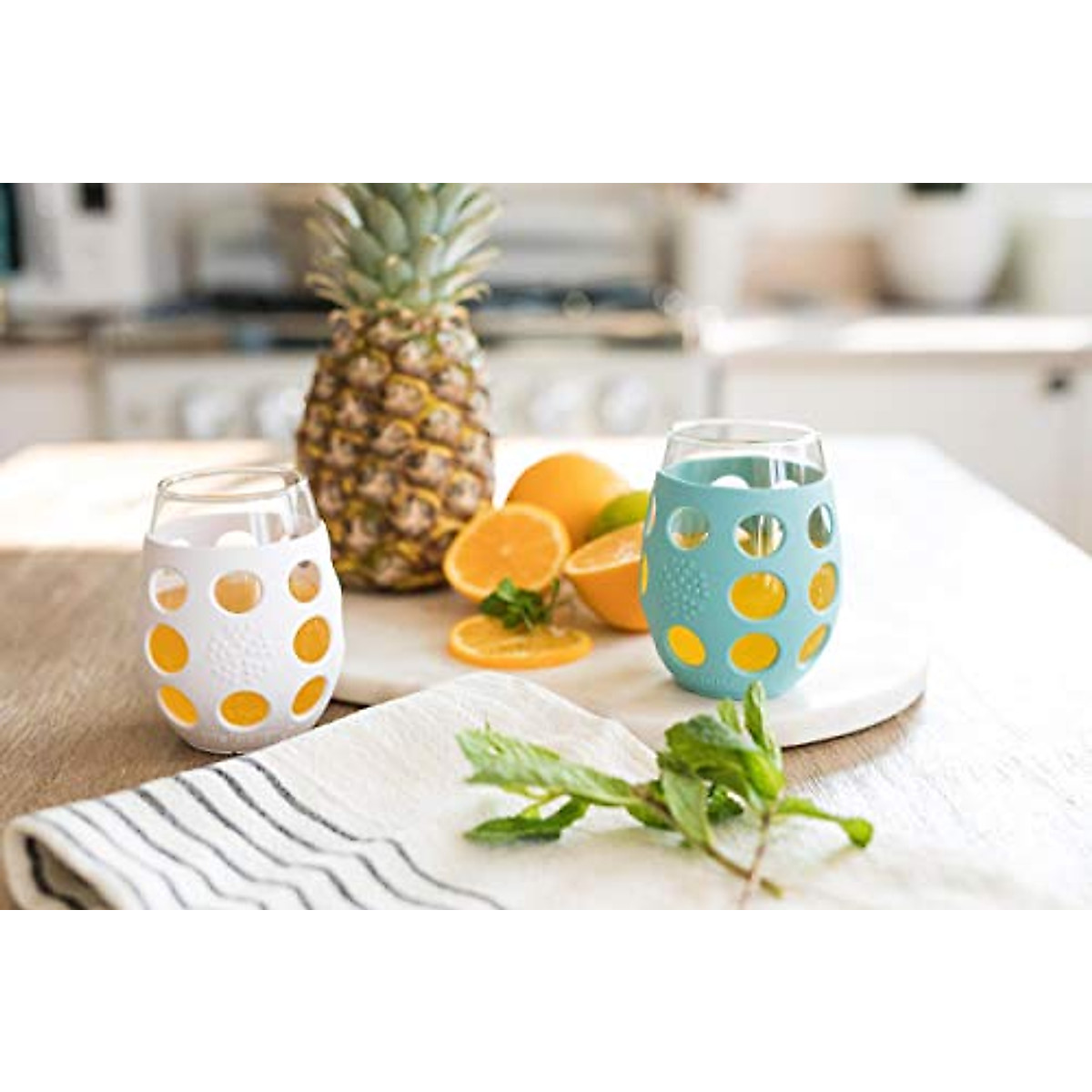 Lifefactory 11-Ounce Indoor/Outdoor Wine Glass with Protective Silicone Sleeve, 4-Pack, Carbon, Dusty purple, Aqua teal, & Cool grey