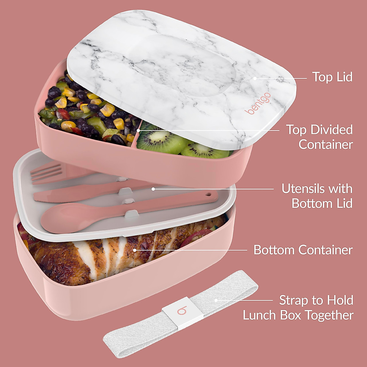Bentgo Classic - All-in-One Stackable Bento Lunch Box Container - Modern Bento-Style Design Includes 2 Stackable Containers, Built-in Plastic Utensil Set, and Nylon Sealing Strap (Blush Marble)