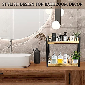 HMSOFTEST 2 Tier Bathroom Counter Organizer, Wood Bathroom Organizer Countertop, Cosmetic Storage Tray Vanity Organizer, Kitchen Snack Spice Rack, Bathroom Sink Organizer, Coffee Station Shelf（Brown）