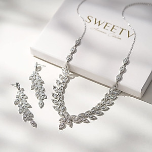 SWEETV Wedding Jewelry Set for Brides Bridesmaid Women, Cubic Zirconia Rhinestone Necklace Dangle Earrings Jewelry Set for Women, Chandelier Bridal Jewelry Set for Wedding Party Costume (0.2 Silver)