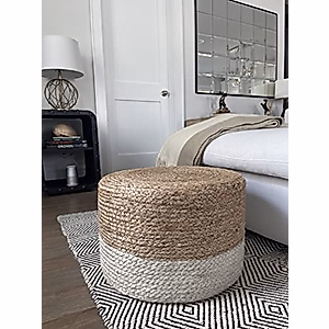 S & L Homes Pouf Ottoman - 100% Jute Braided Footrest Stool Hand Knitted Traditional Cord Boho Pouffe for Living Room, Bedroom, Nursery, Patio, Lounge Colorblock - Natural Ivory (18”x18”x12”)