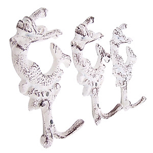 Wowser White Distressed Mermaid Cast Iron Double Wall Hooks, Nautically Themed Wall Décor, Set of 3, 5.5 Inches