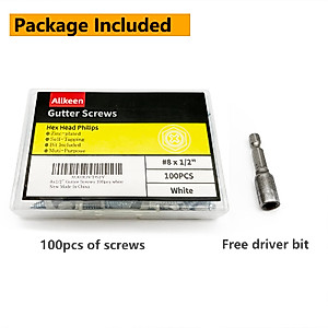 Allkeen Self-Tapping Gutter Screws White Painted Hex Head #8 x 1/2" Zinc Plated Finish, 100 Pieces, Socket Bit Included