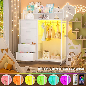 Cyclysio Dresser for Bedroom with Clothes Rack & Shelves, White 5 Drawers Dresser with Charging Station & LED Lights, Chest of Drawers with Lockable Wheels, Storage Shelves, Bedroom, Closet,Entryway