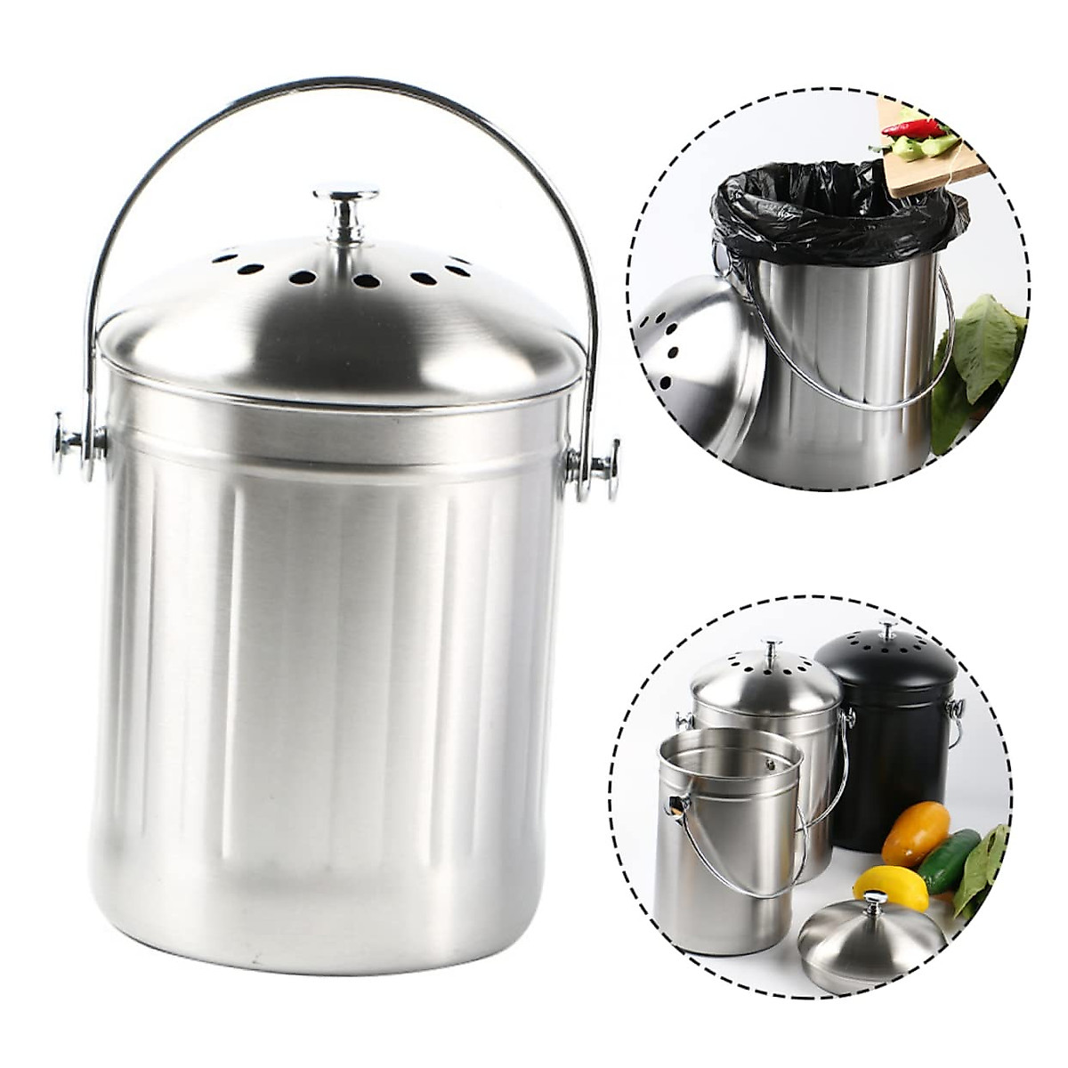 GATHINESS Stainless Steel Compost Bucket Indoor Compost bin Kitchen composter Metal Planter Waste Paper Basket Stylish Rubbish containers Counter Compost bin Compost Pail Rubbish Truck Food
