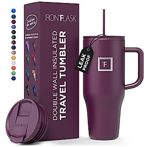 IRON FLASK Co-Pilot Insulated Mug w/Straw & Flip Cap Lids - Cup Holder Bottle for Hot, Cold Drink - Leak-Proof - Water, Coffee Portable Travel Mug - Burgundy, 40 Oz