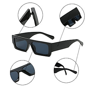 Long Keeper Retro Small Rectangle Sunglasses Women Vintage Square Men Glasses Trendy Chunky Sun Glasses UV400 (Black)