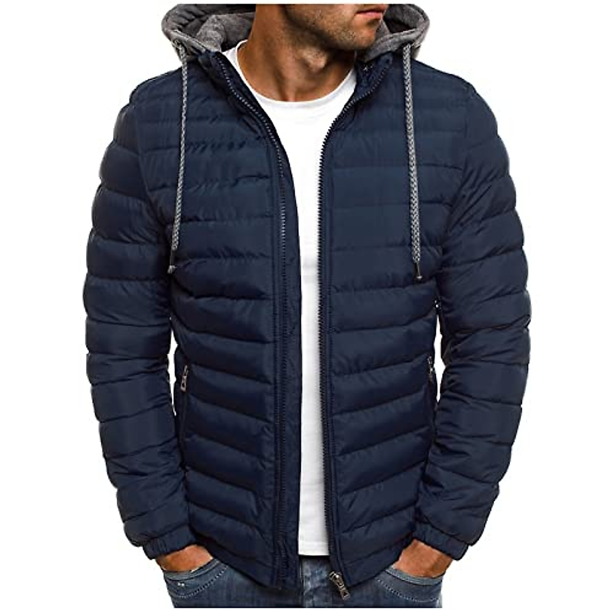 Dgoopd Men's Packable Puffer Jacket Detachable Hood Lightweight Winter Jacket Down Bubble Coat Winter Quilted Padded Jacket Navy