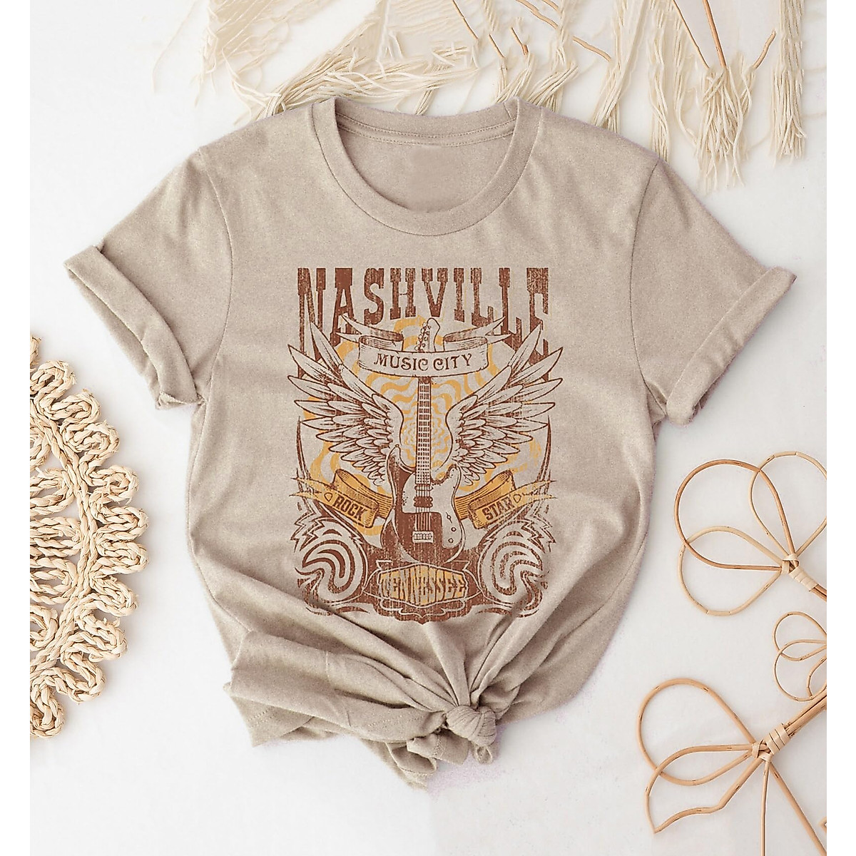Nashville Graphic Tees for Women Vintage Concert Outfit Summer Retro Rock Band T Shirts Casual Short Sleeve Country Tops (M, Cream Grey)
