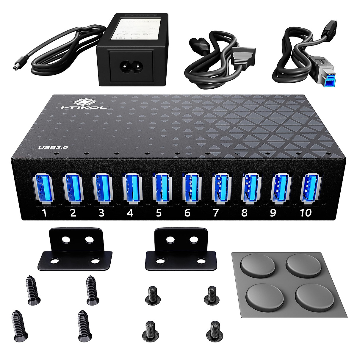 10 Ports USB Hub 3.0 Powered Aluminium - USB Hub Charger - Multiple Port - USB Splitter Hub with Power Adapter 12V/5A/60W - for Laptop, PC,Flash Drives, HDD,Hard Drive,Mouse,XPS,Xbox,Keyboard