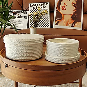Aplolemo Round Cotton Rope Storage Basket with Lid,Decorative Woven Storage Bin,Organizer Box Container for Snacks Towels Plants, Leather Design Lidded Round Basket-Set of 2(11"x6"/9"x5")-White